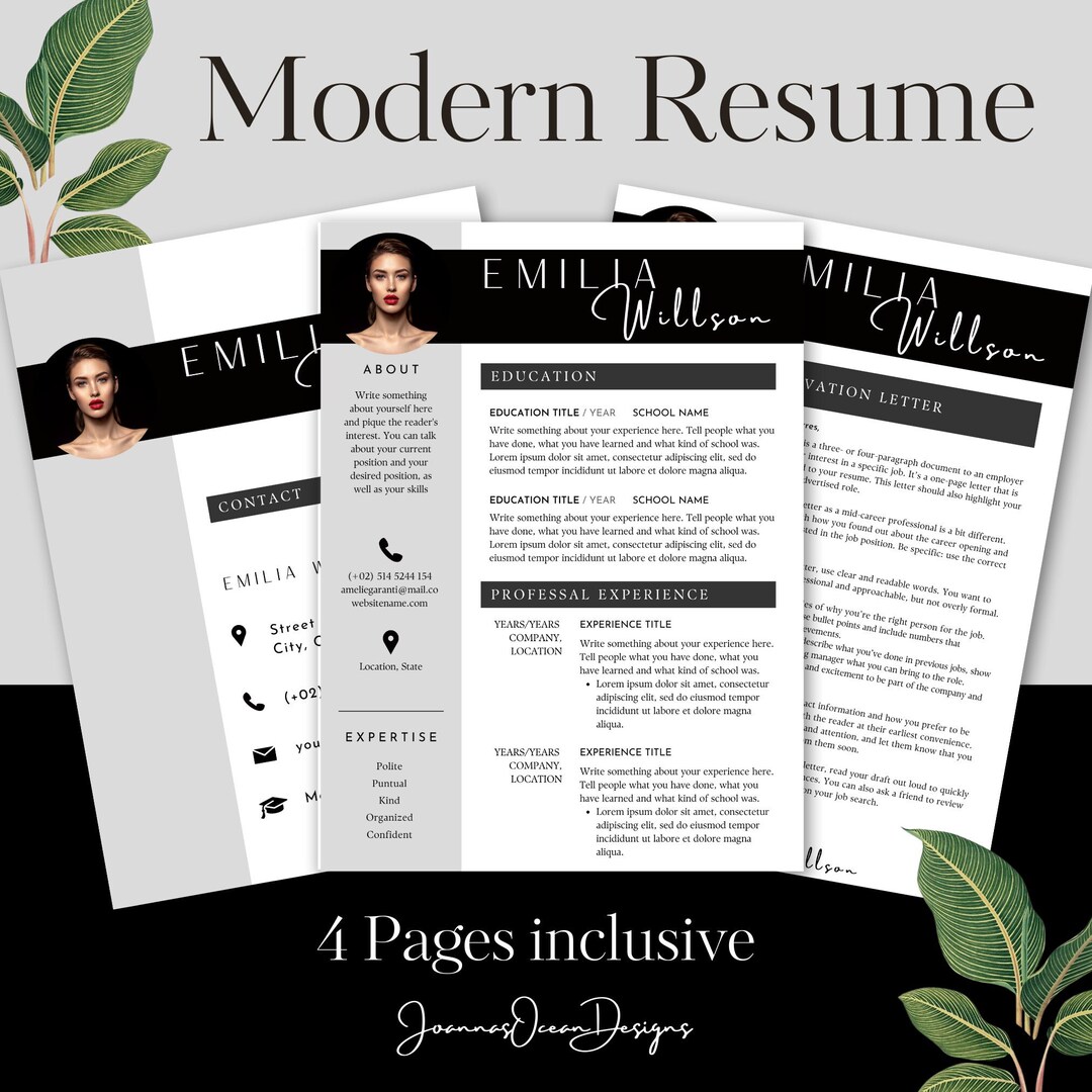 Modern Resume Template - Black and White, Cover Letter, CV, and ...