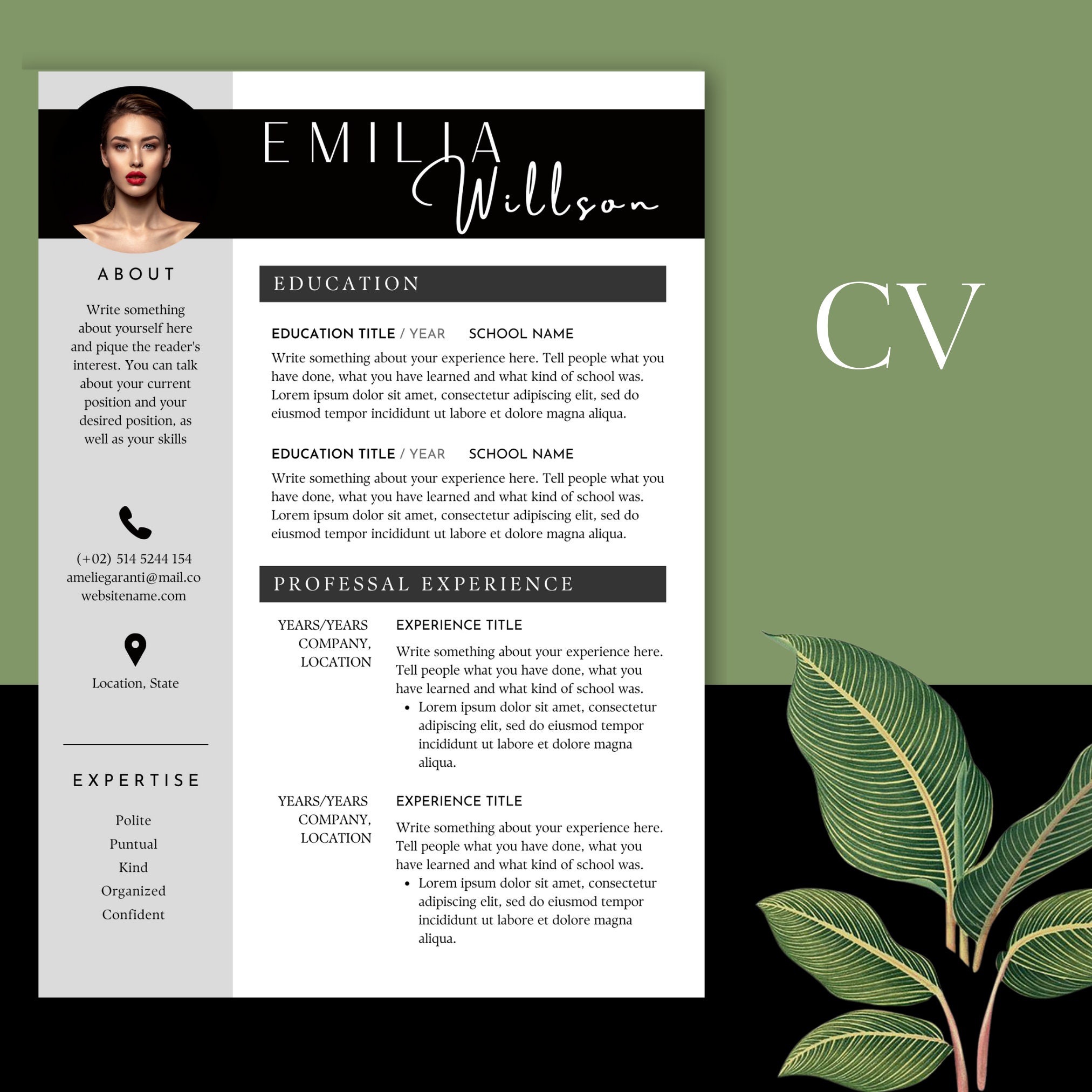 Modern Resume Template Black and White, Cover Letter, CV, and Reference ...