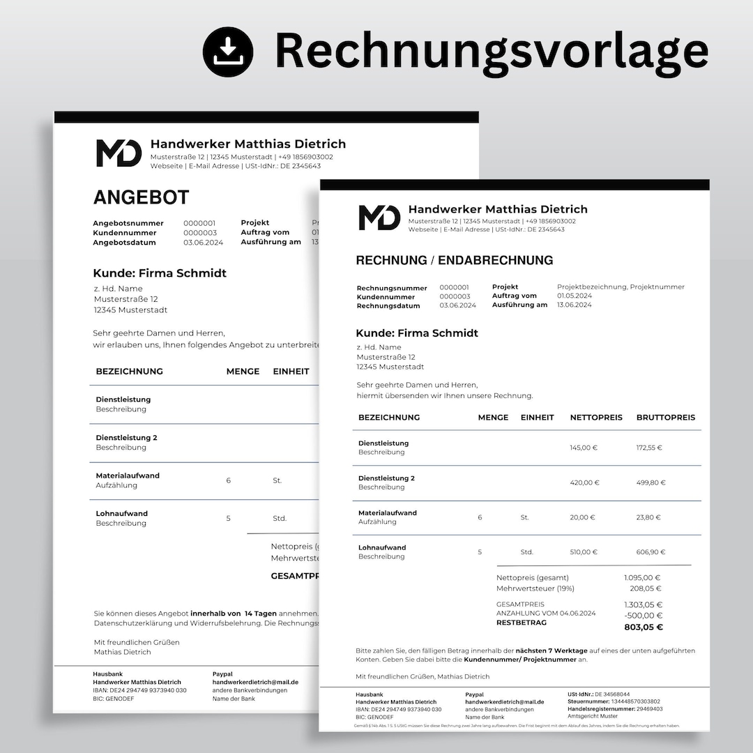 Professionelles Rechnungsvorlagen-Set mit Angebot und Abschlagsrechnung ...