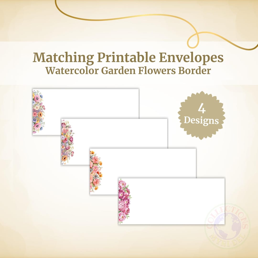 JW Matching PDF Envelopes, Watercolor Garden Flowers Border, DL & #10 ...