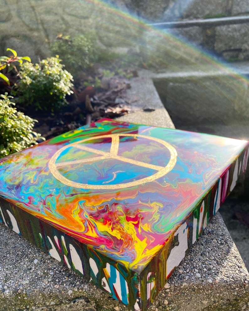 Abstract Colourful Painting With Gold Foil Peace Sign Acrylic and Resin ...