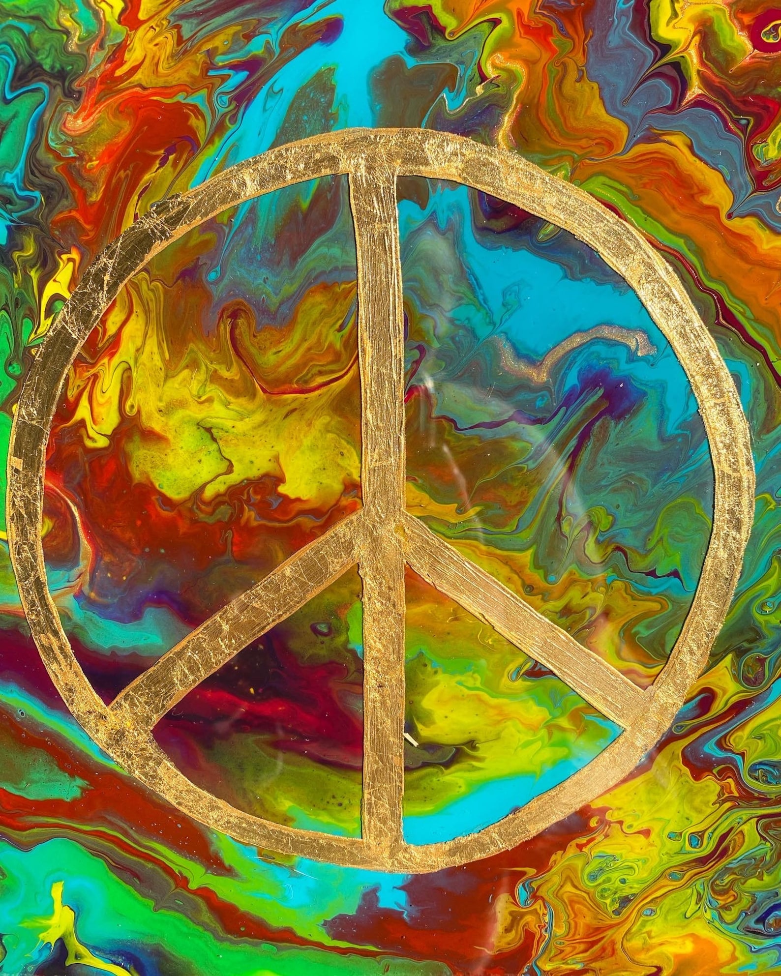 Abstract Colourful Painting With Gold Foil Peace Sign Acrylic and Resin ...