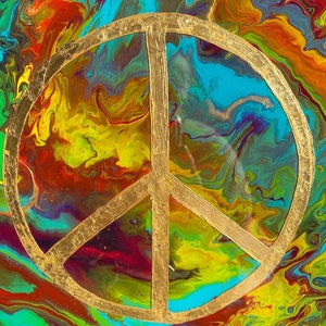 Abstract Colourful Painting With Gold Foil Peace Sign Acrylic and Resin ...