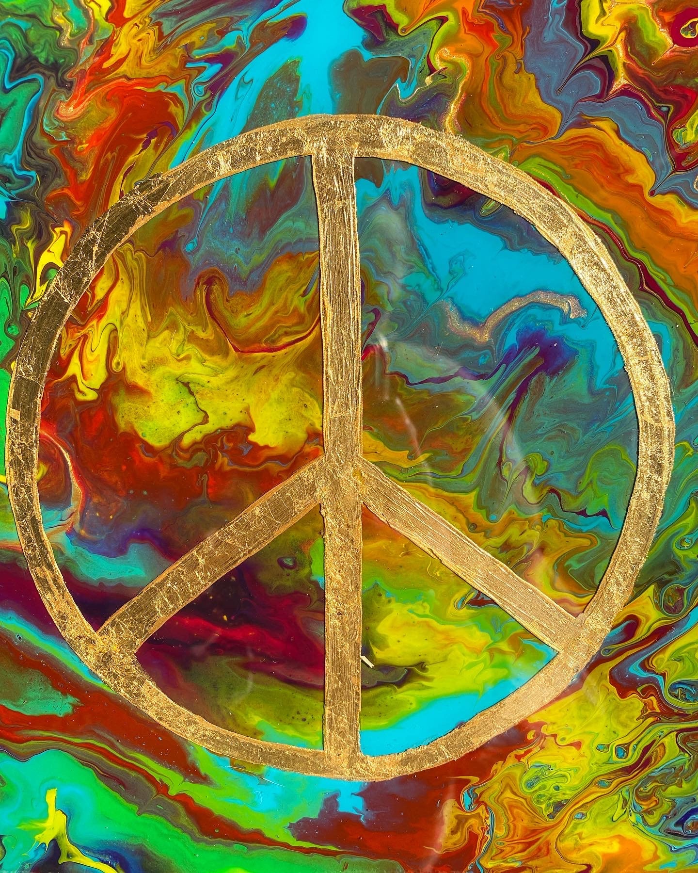 Abstract Colourful Painting With Gold Foil Peace Sign Acrylic and Resin ...