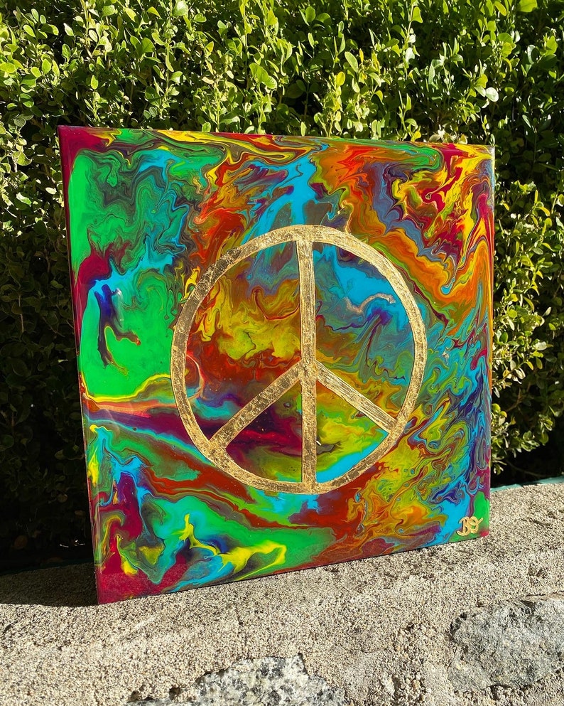 Abstract Colourful Painting With Gold Foil Peace Sign Acrylic and Resin ...