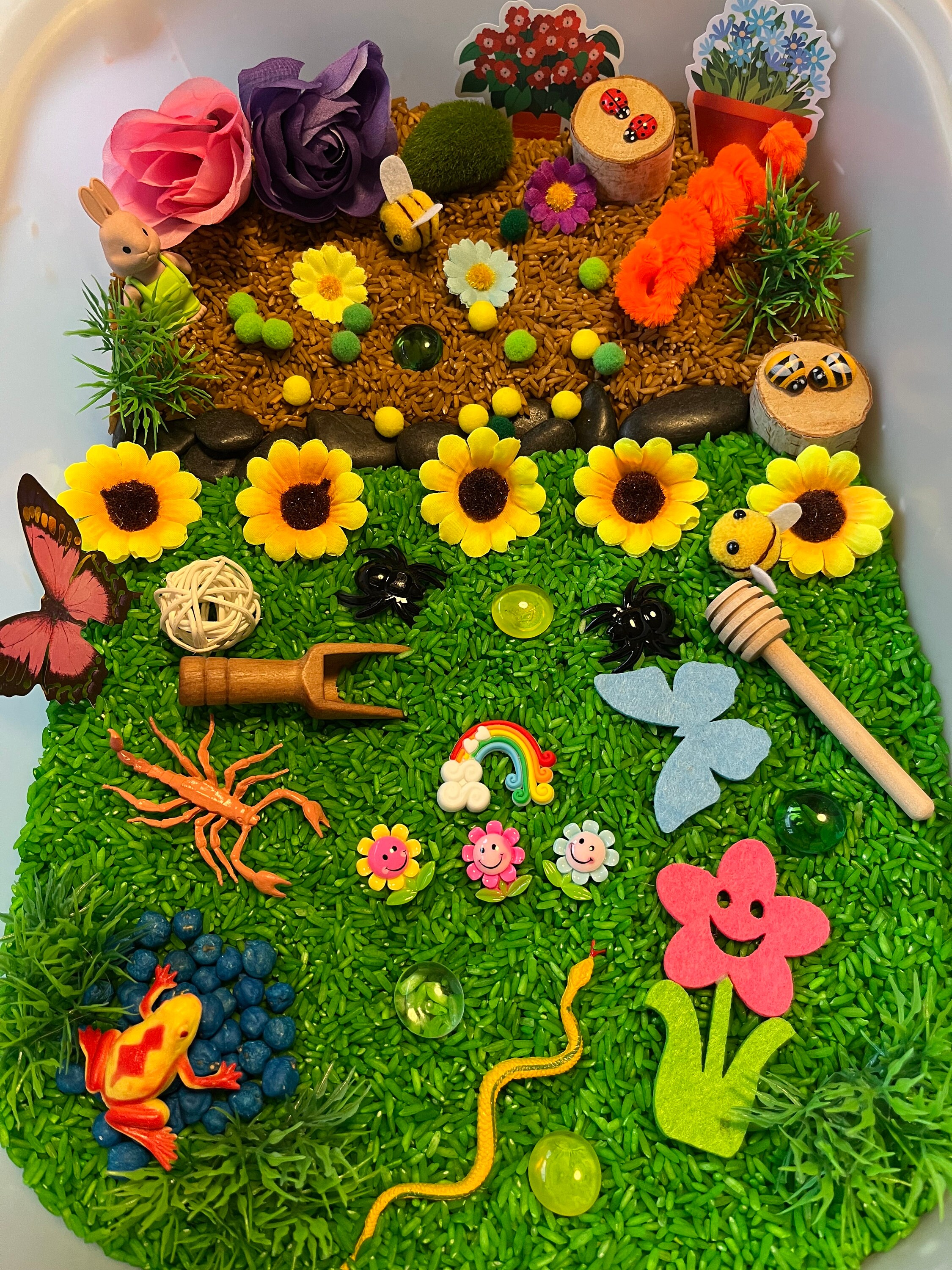 Spring Bug Sensory Bin: Rice, Flowers, Bees, Toddler Pretend Play ...