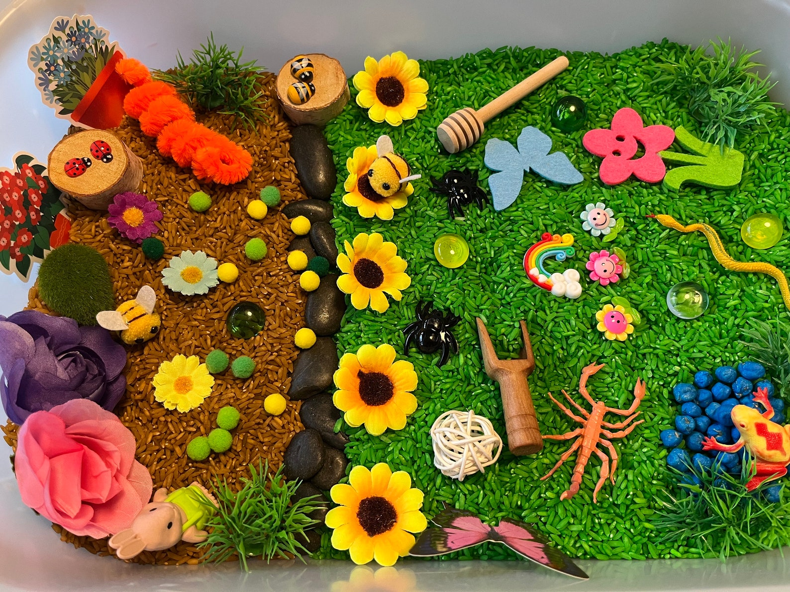 Spring Bug Sensory Bin: Rice, Flowers, Bees, Toddler Pretend Play ...