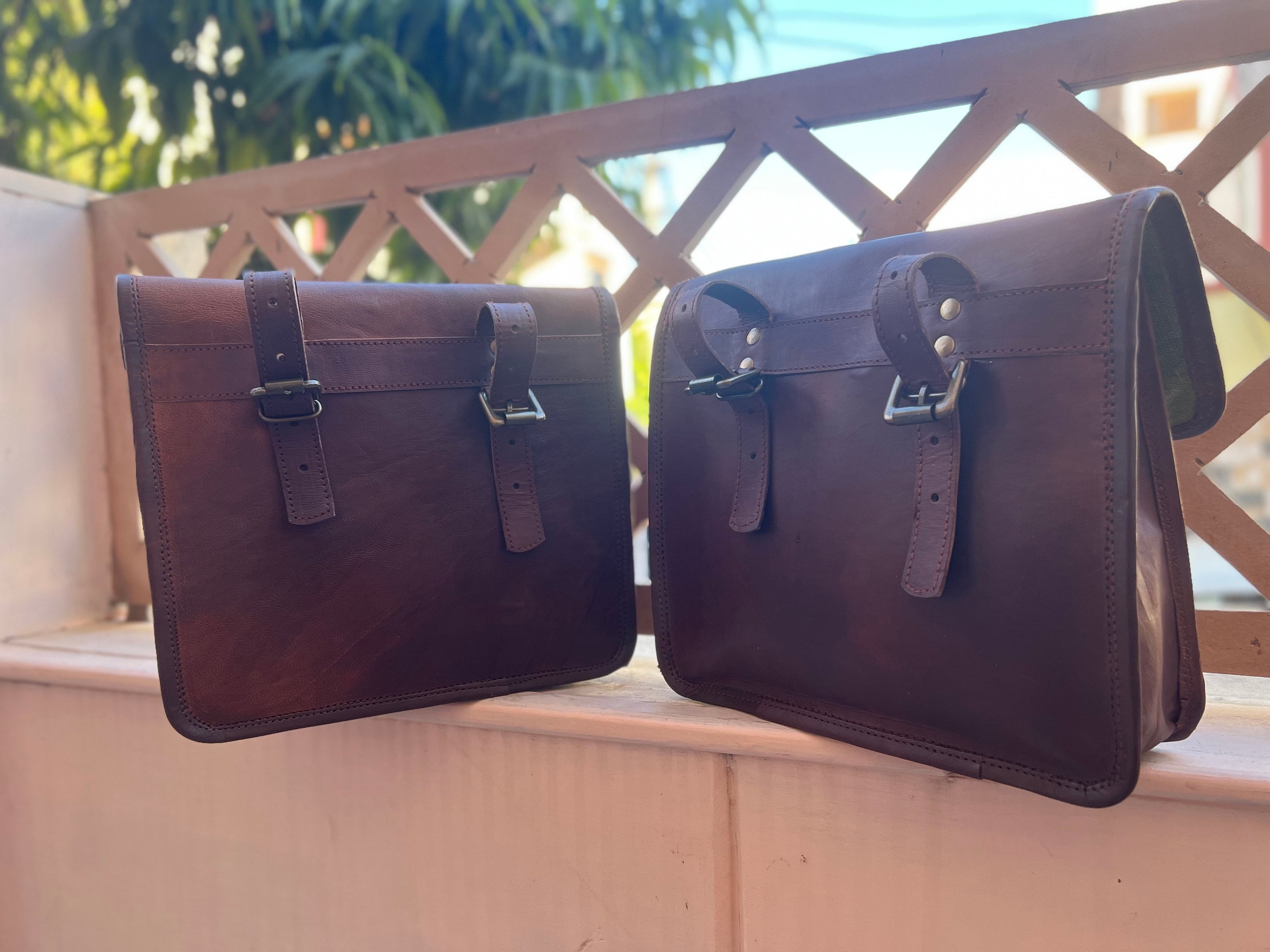 Handmade Leather Motorcycle Saddle Bag Set: Brown Pannier Barrel Bags ...