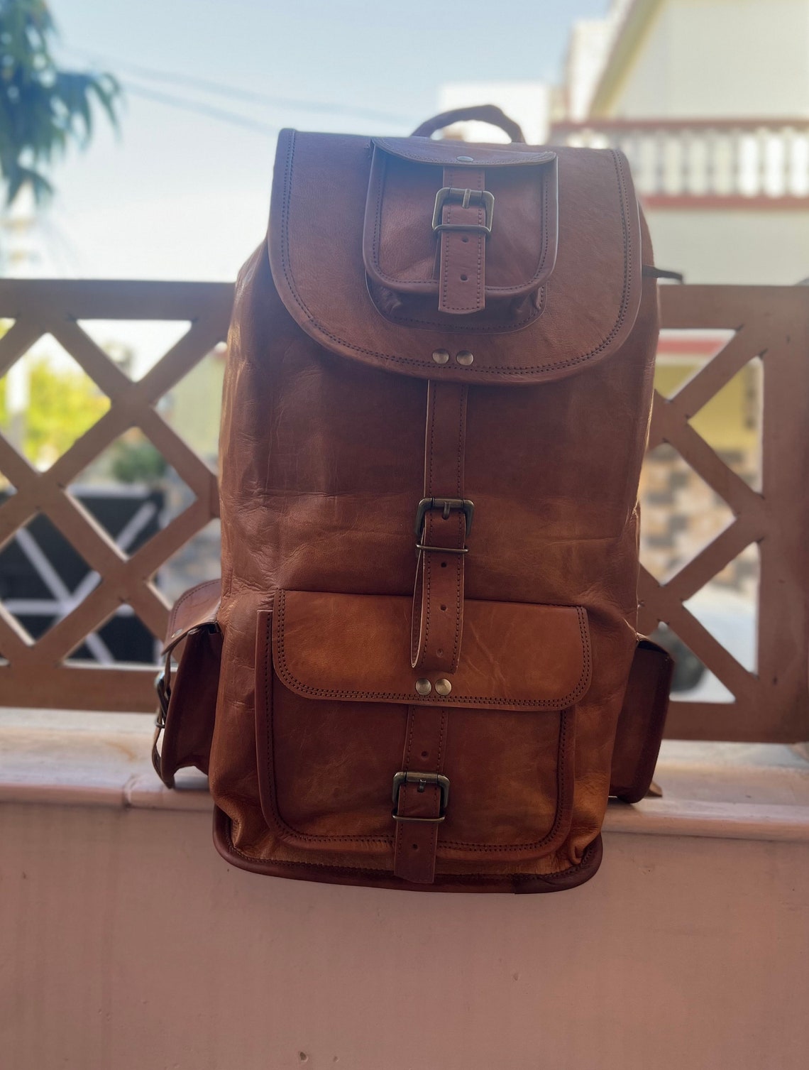 Handmade Goat Leather Backpack: Brown Travel Rucksack - Etsy