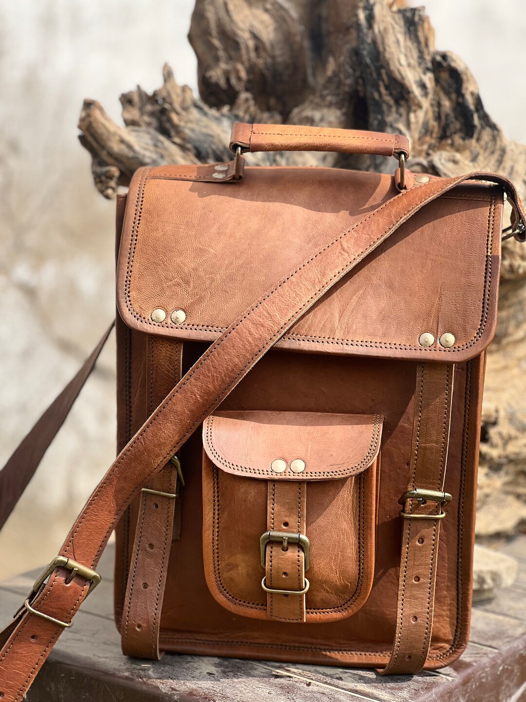 Goat Leather Messenger Bag: Unisex iPad Book Bag With Brass Fittings - Etsy