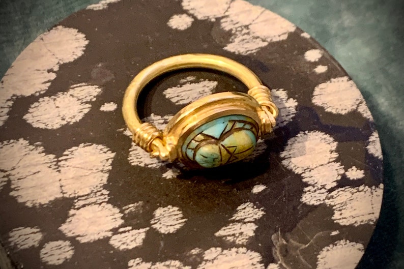 Egyptian Turquoise Scarab Ring, Solid Gold Talisman, Egyptian Revival ...