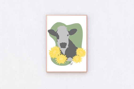 Cow and Sunflowers Print Printable Animal Art Bedroom Print | Etsy