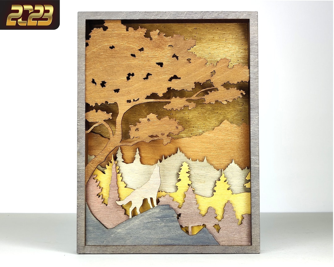Forest Scene With a Wolf, Multi Layered Art, Wooden Trees, Forest Decor ...