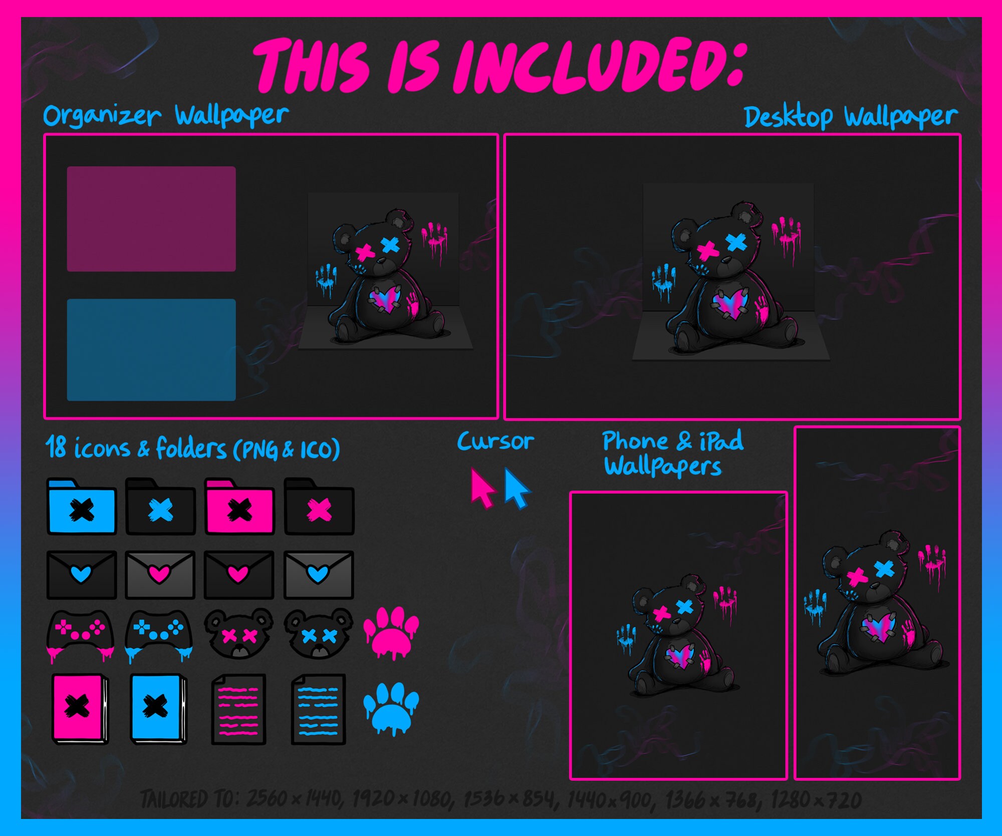 Neon Teddy Dark Theme Custom Night Darkmode Folders Icons Wallpaper Set ...