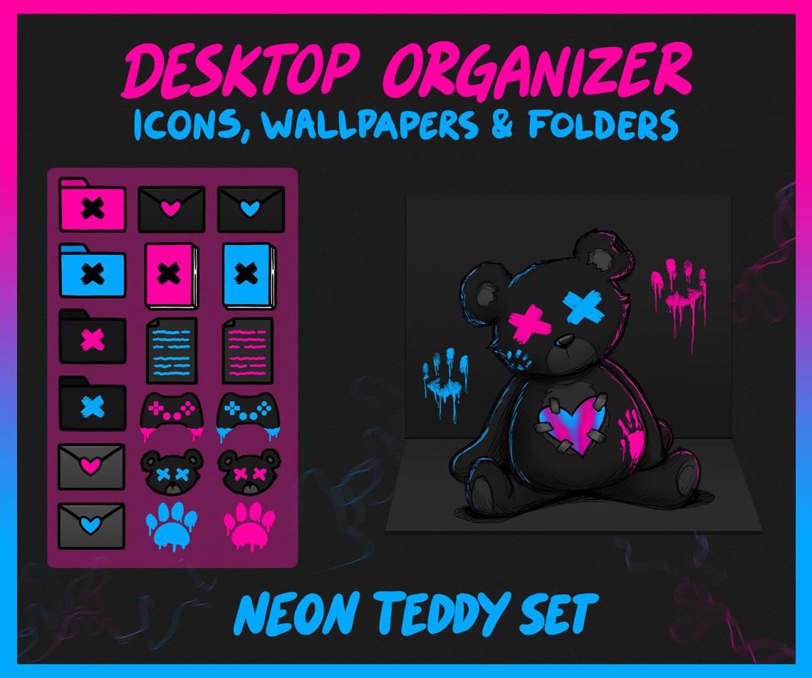 Neon Teddy Dark Theme Custom Night Darkmode Folders Icons Wallpaper Set ...
