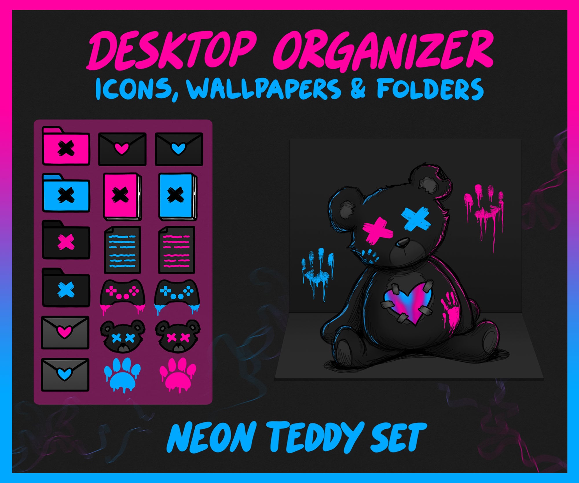 Neon Teddy Dark Theme Custom Night Darkmode Folders Icons Wallpaper Set ...