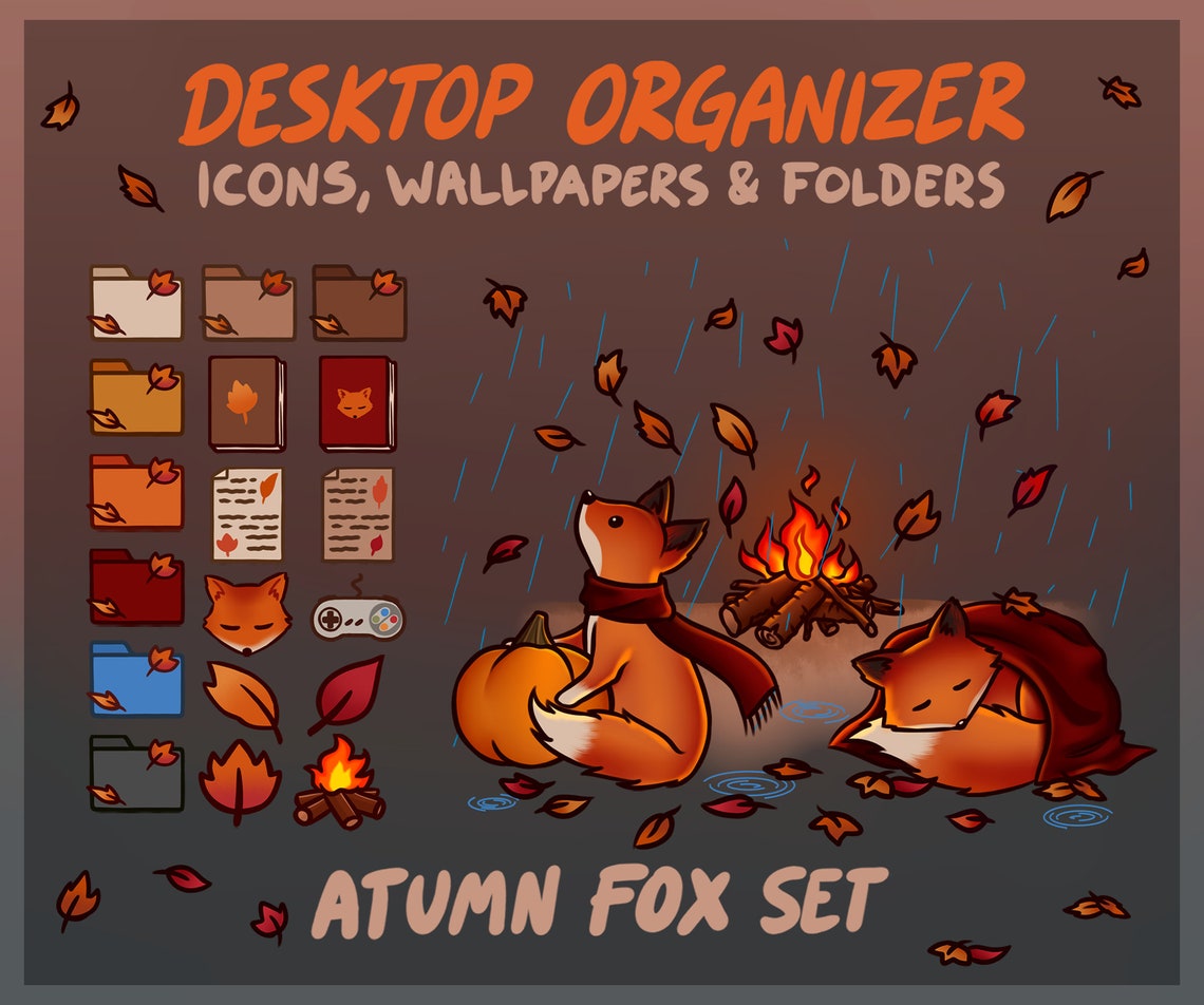 Autumn Fox Cozy Fall Theme Custom Icons Folders Wallpaper Set Desktop ...