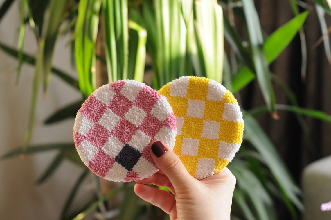 Checkered Punch Needle Coaster Handmade Drink Coaster Mug - Etsy