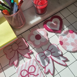 Punch Needle Coaster | Pink Bows Mug Rug | Coaster Lovers Gift | Tufted ...