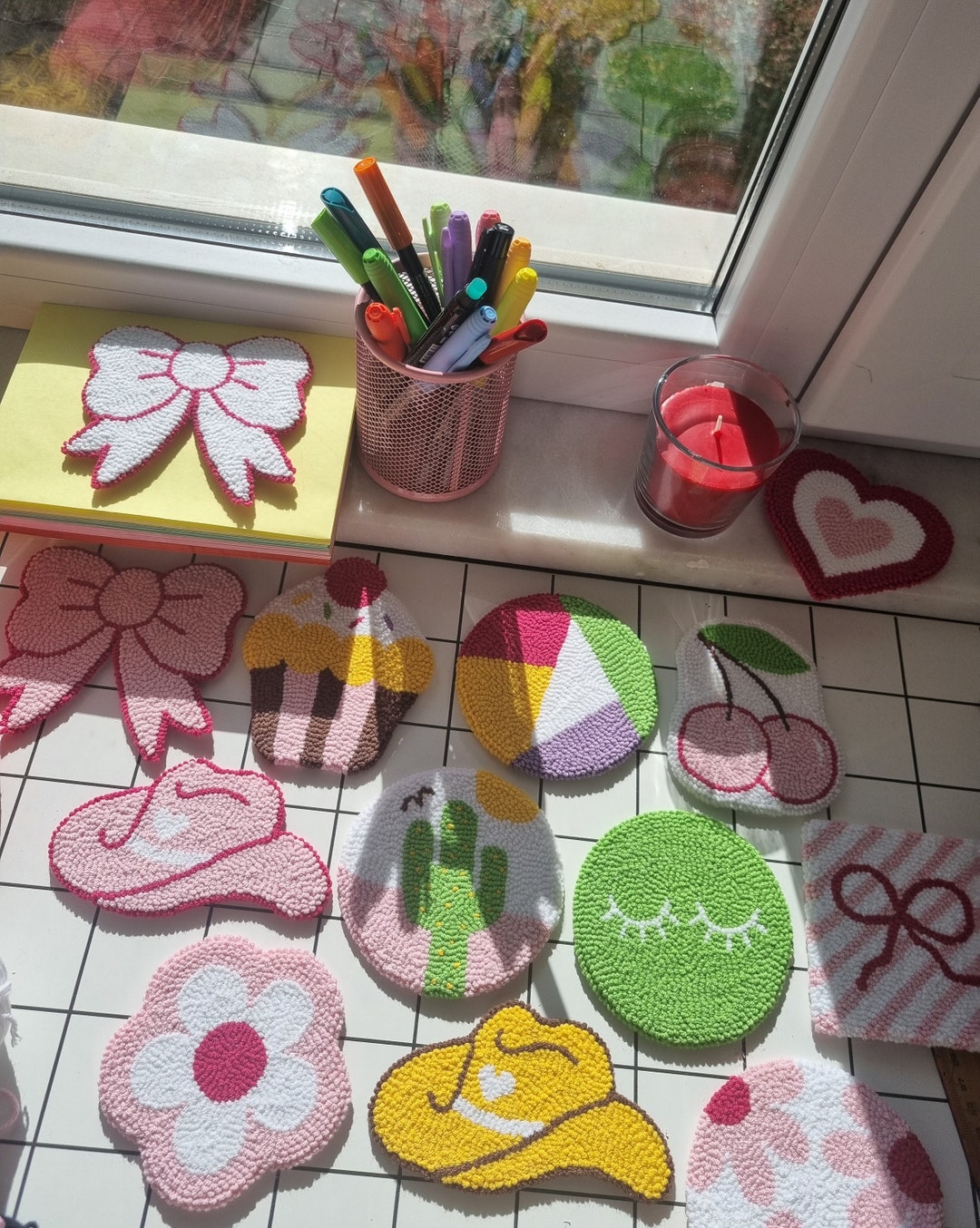 Bow Punch Needle Mug Rug Coaster Coquette Bow Tufted Cup Coasters ...