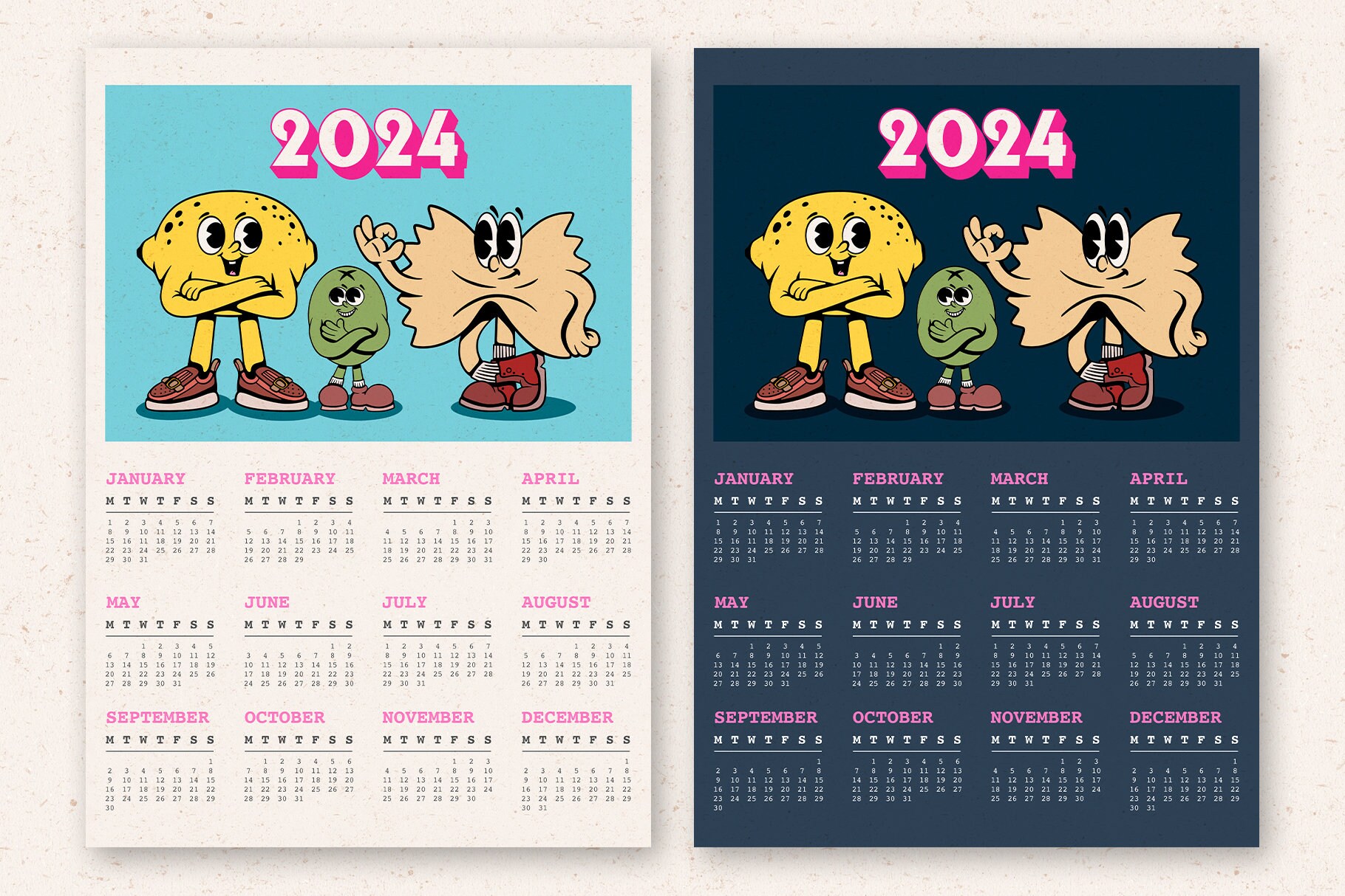 Retro Character Calendar 2024 Cartoon Digital Download, 2024 Digital ...
