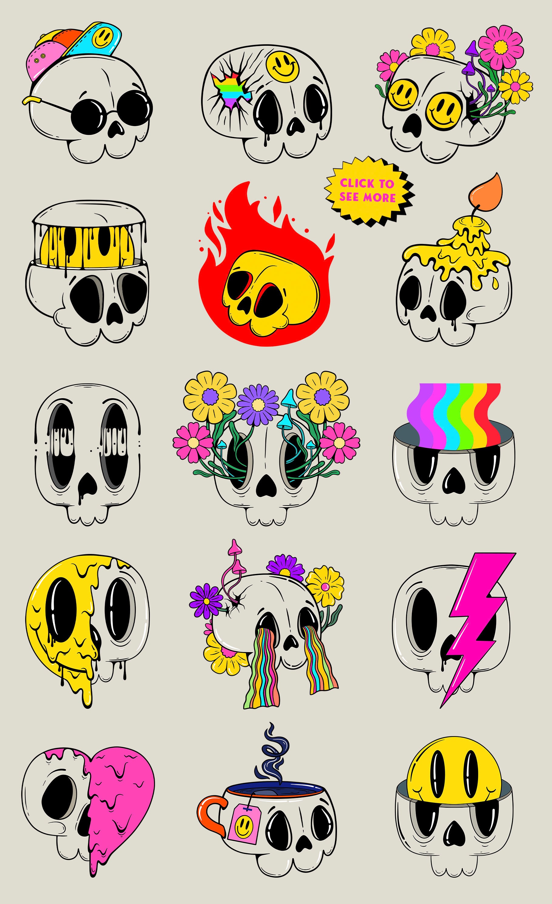 Skulls Clipart PNG SVG Digital Download Commercial Use, Retro Smiley ...