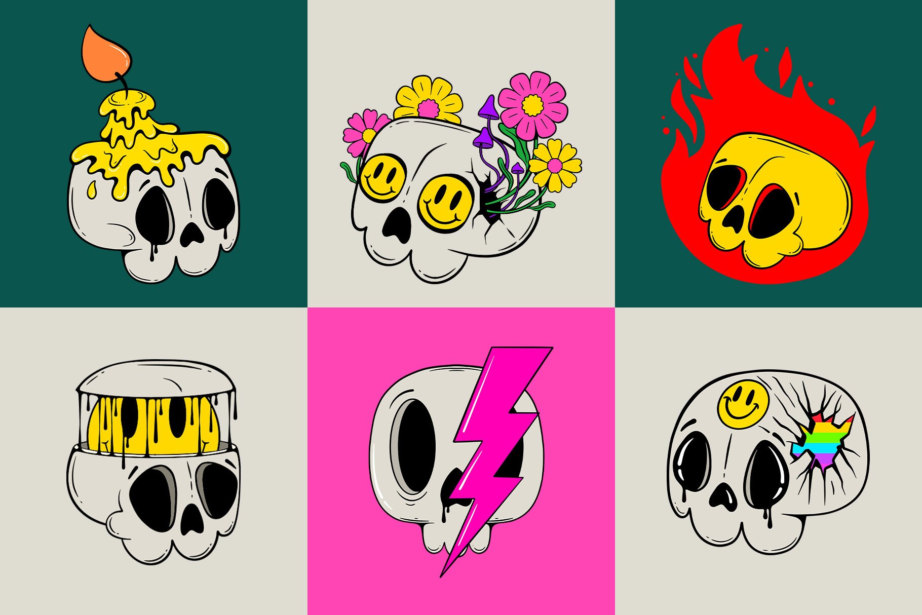Skulls Clipart PNG SVG Digital Download Commercial Use, Retro Smiley ...