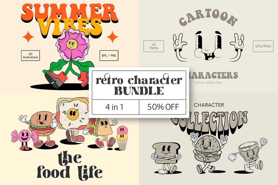 Retro Character SVG / PNG Bundle Digital Download, Cartoon Animals and ...