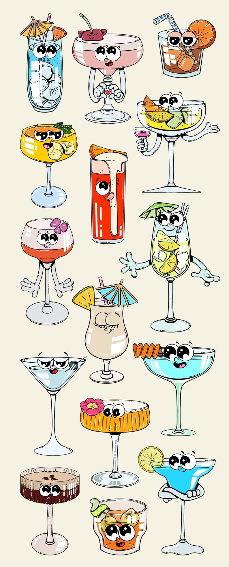 Retro Cocktail Clipart, 70s Cartoon Drink Graphics (digital Download ...