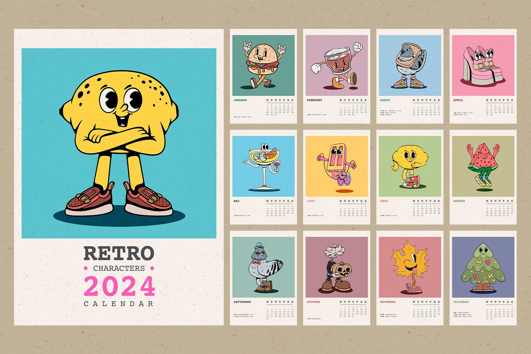 Retro Character Calendar 2024 Cartoon Digital Download, 2024 Digital ...