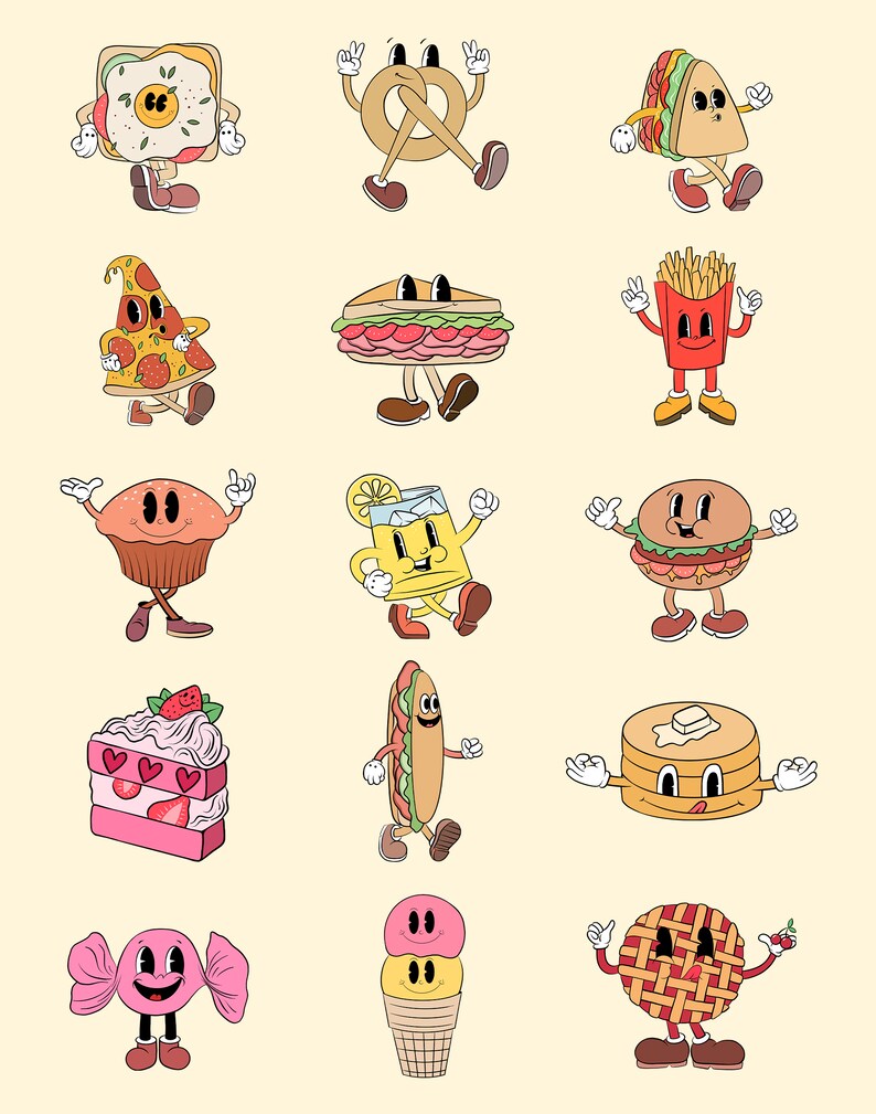 Retro Character Clipart PNG & SVG Files, Food Character Clipart, Burger ...