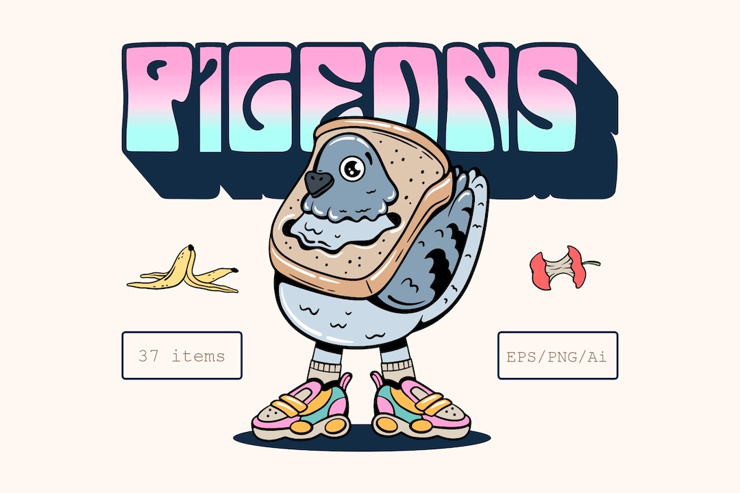 Pigeon Retro Cartoon Character Design Digital Download, Bird Picture ...