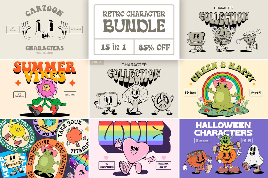 Retro SVG Bundle Cartoon Characters, Cottage Core PNG Clipart Digital ...
