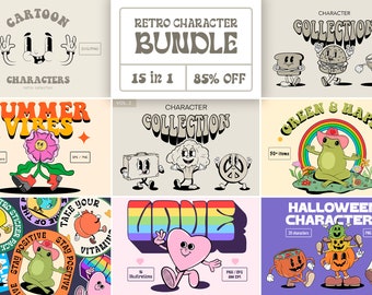 Retro Character Design SVG Clipart, 60s Smiley Face SVG/PNG Collection ...