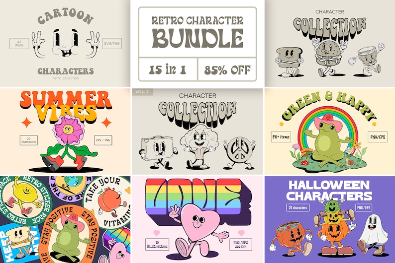 Retro SVG Bundle Cartoon Characters Cottage Core PNG Clipart - Etsy