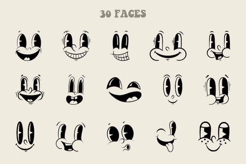 Retro Character Design SVG Clipart, 60s Smiley Face SVG/PNG Collection ...