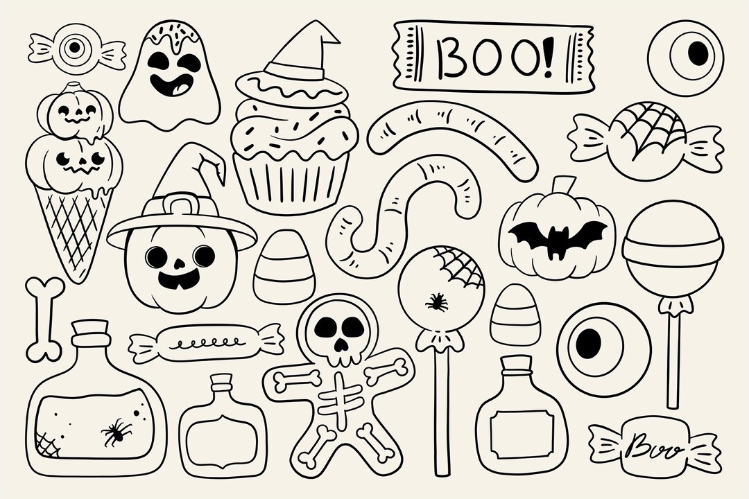 Cute Halloween Outline Doodles Clipart | Black and White Ghosts ...