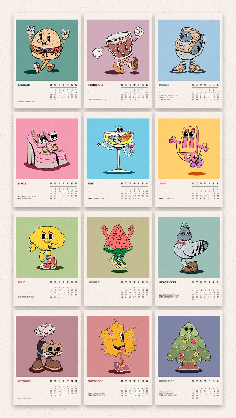 Retro Character Calendar 2024 Cartoon Digital Download, 2024 Digital ...