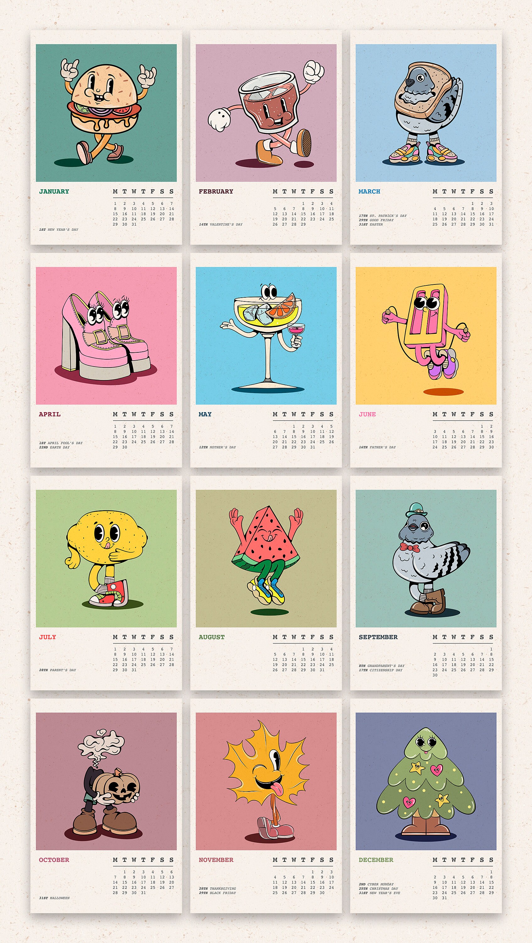 Retro Character Calendar 2024 Cartoon Digital Download, 2024 Digital ...
