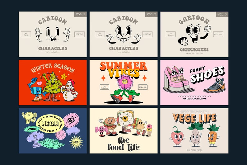 Retro SVG Bundle Cartoon Characters, Cottage Core PNG Clipart Digital ...