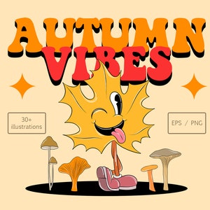 Fall Character Design Collection, Retro Autumn Groovy Clipart, 70's ...