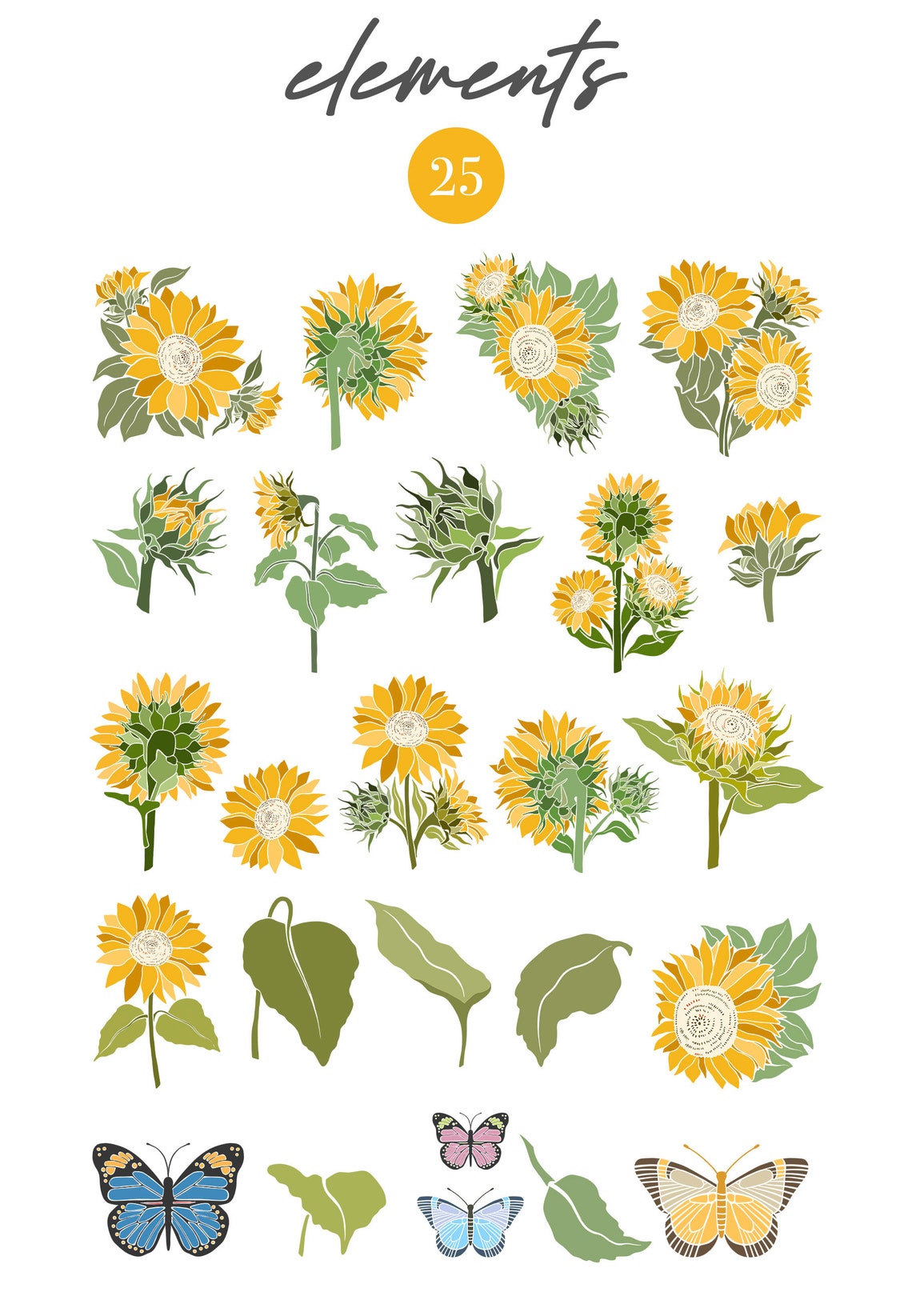 Yellow Floral Clipart Sunflowers Digital Download Boho Summer - Etsy