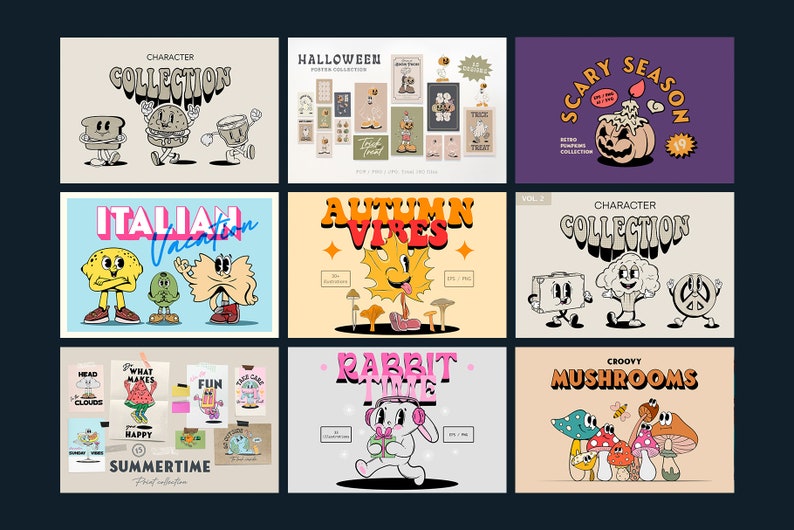 Retro SVG Bundle Cartoon Characters, Cottage Core PNG Clipart Digital ...