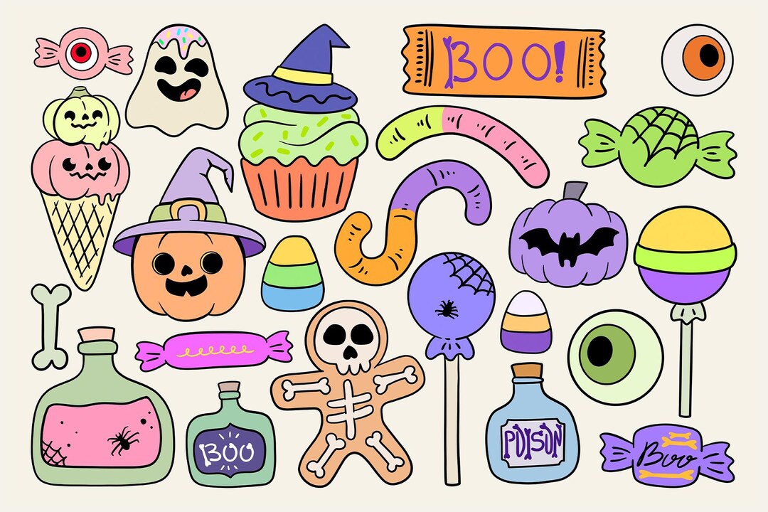 Cute Halloween Doodles Clipart | Whimsical Spooky PNG | Ghosts Pumpkins ...