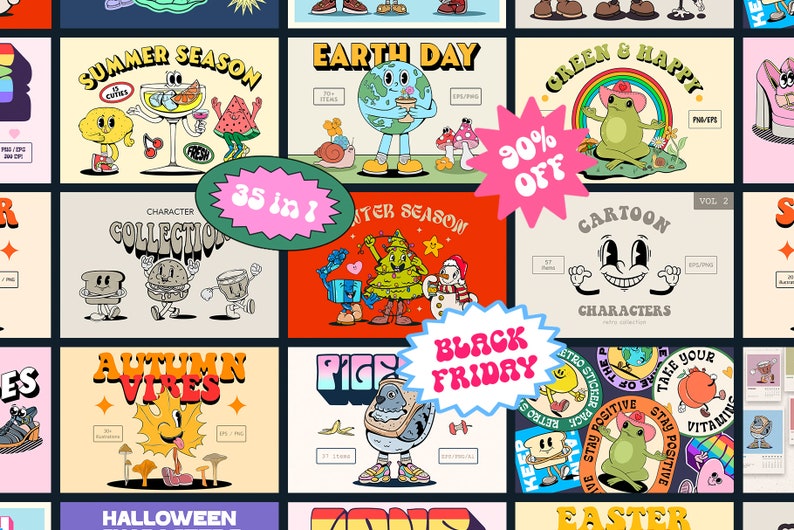 Retro SVG Bundle Cartoon Characters, Cottage Core PNG Clipart Digital ...