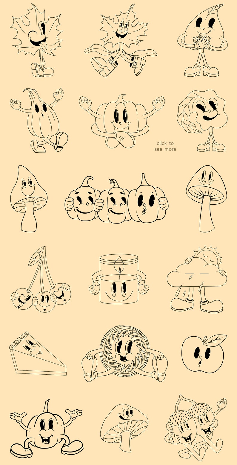 Fall Character Design Collection, Retro Autumn Groovy Clipart, 70's ...