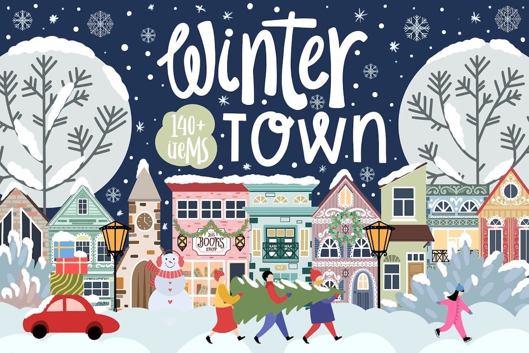 Winter Town Clipart | Snowy Houses & Christmas Village and People PNG ...