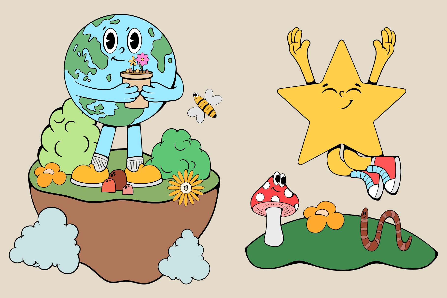 Earth Day Retro Character Design Digital Download, Sun, Stars ...