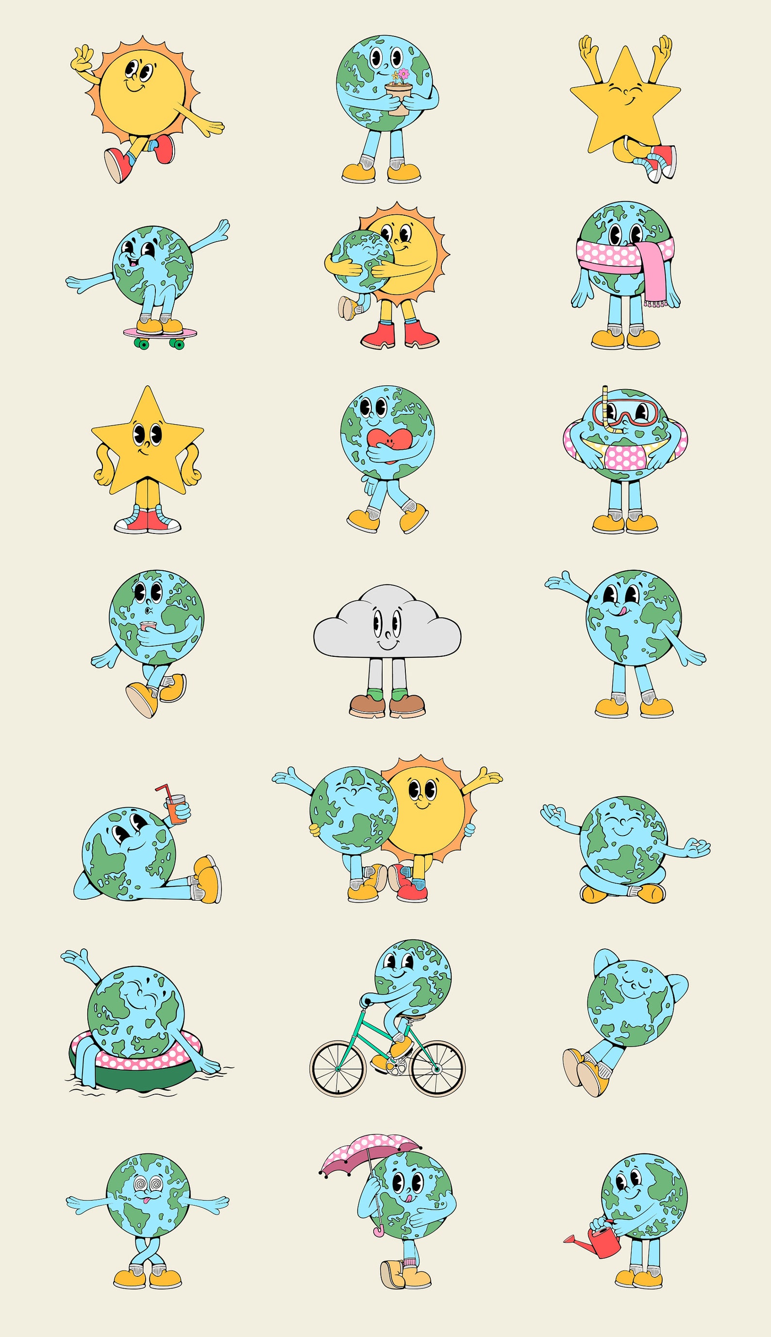 Earth Day Retro Character Design Digital Download, Sun, Stars ...