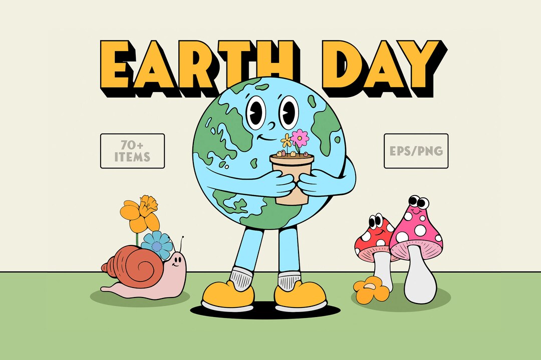 Earth Day Retro Character Design Digital Download, Sun, Stars ...